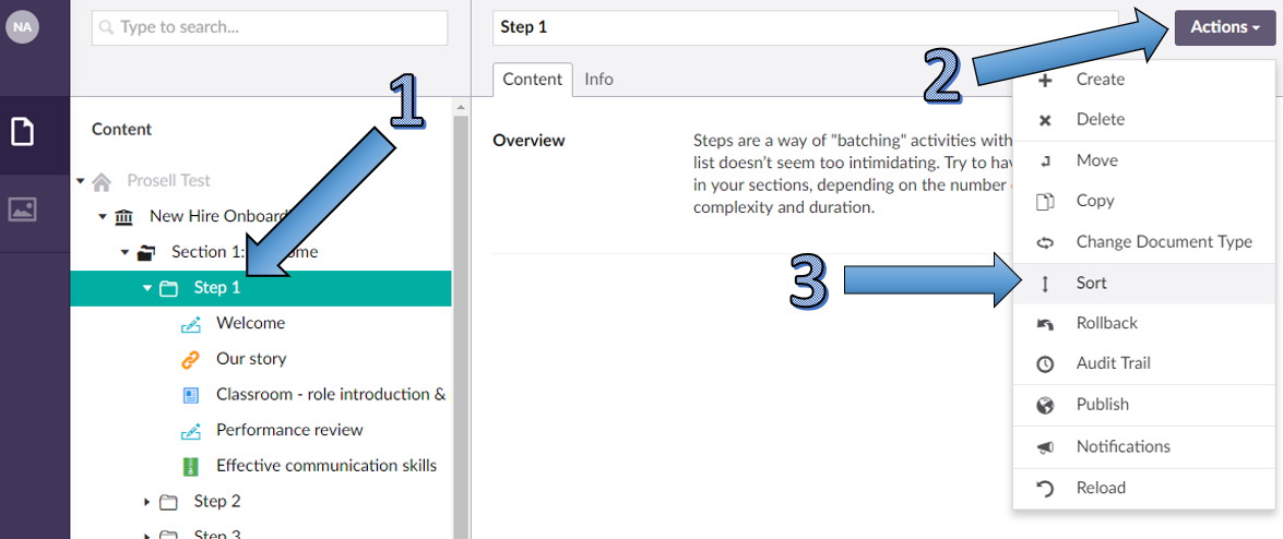 Re-ordering content (sections, steps and activities) – On.Board (by Prosell Learning Ltd)
