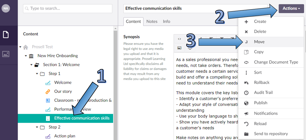 Moving content (steps and activities) – On.Board (by Prosell Learning Ltd)