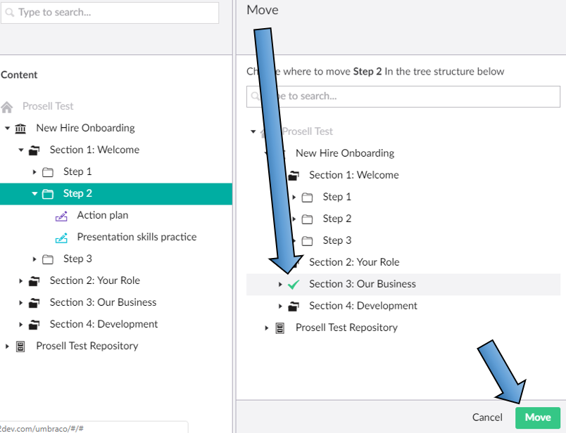 Moving content (steps and activities) – On.Board (by Prosell Learning Ltd)