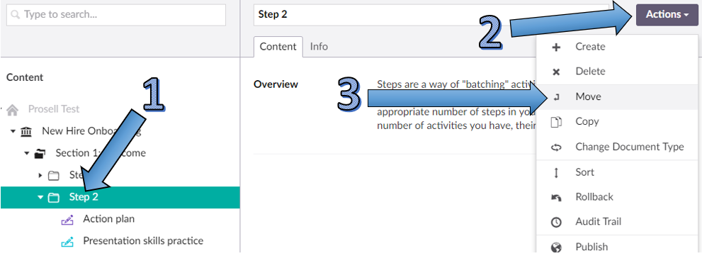 Moving content (steps and activities) – On.Board (by Prosell Learning Ltd)