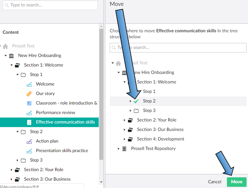 Moving content (steps and activities) – On.Board (by Prosell Learning Ltd)